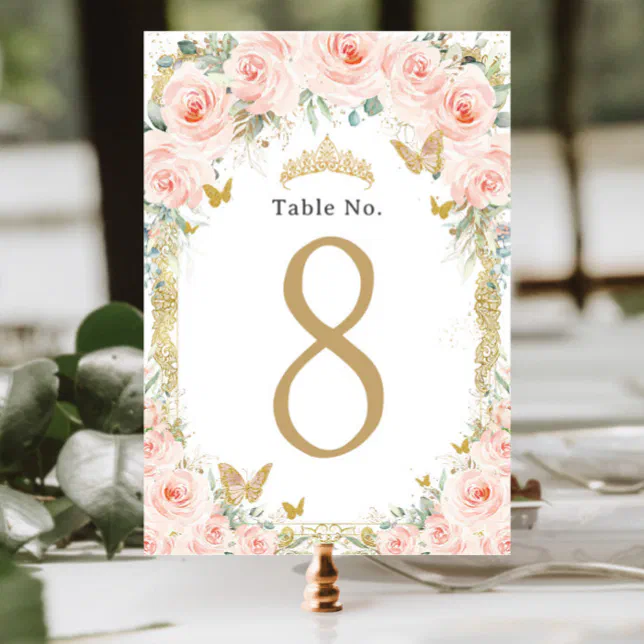 Blush Floral Vintage Gold Birthday Quinceanera Table Number | Zazzle