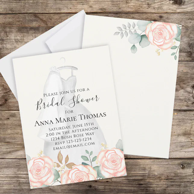 Blush Floral Watercolor Elegant Bridal Gown Dress Invitation | Zazzle