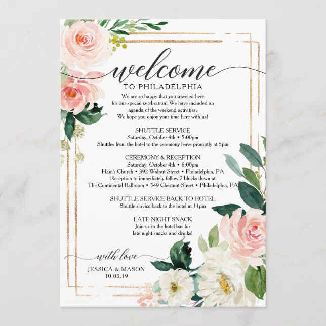 Blush Floral Wedding Itinerary - Wedding Welcome Program | Zazzle