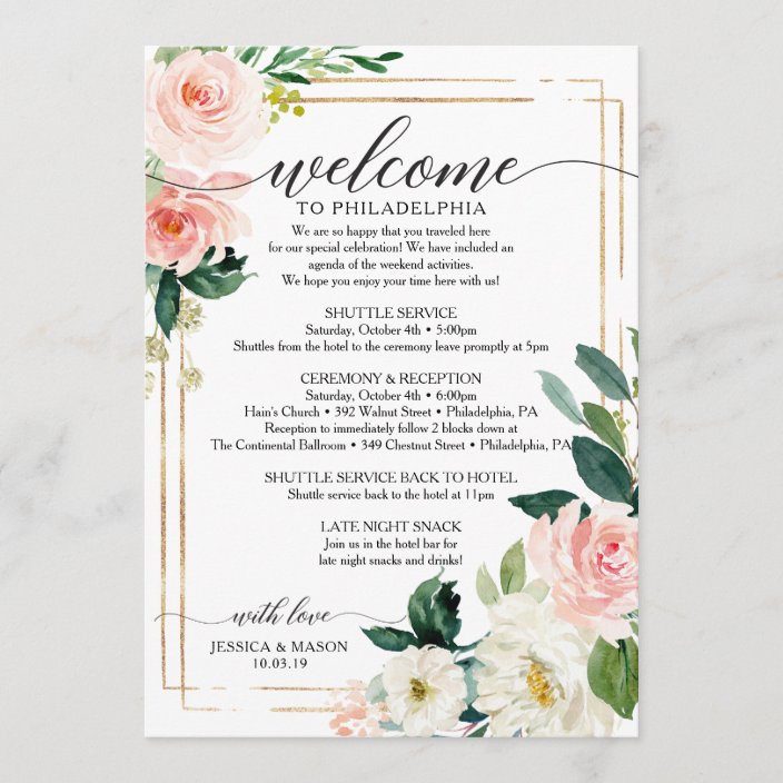 Blush Floral Wedding Itinerary - Wedding Welcome Program | Zazzle.com