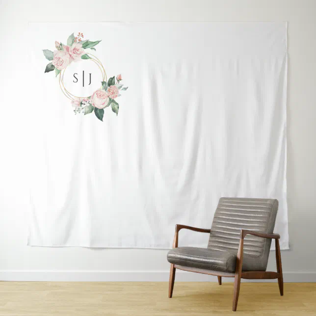 Blush Floral White Monogram Wedding Photo Backdrop | Zazzle