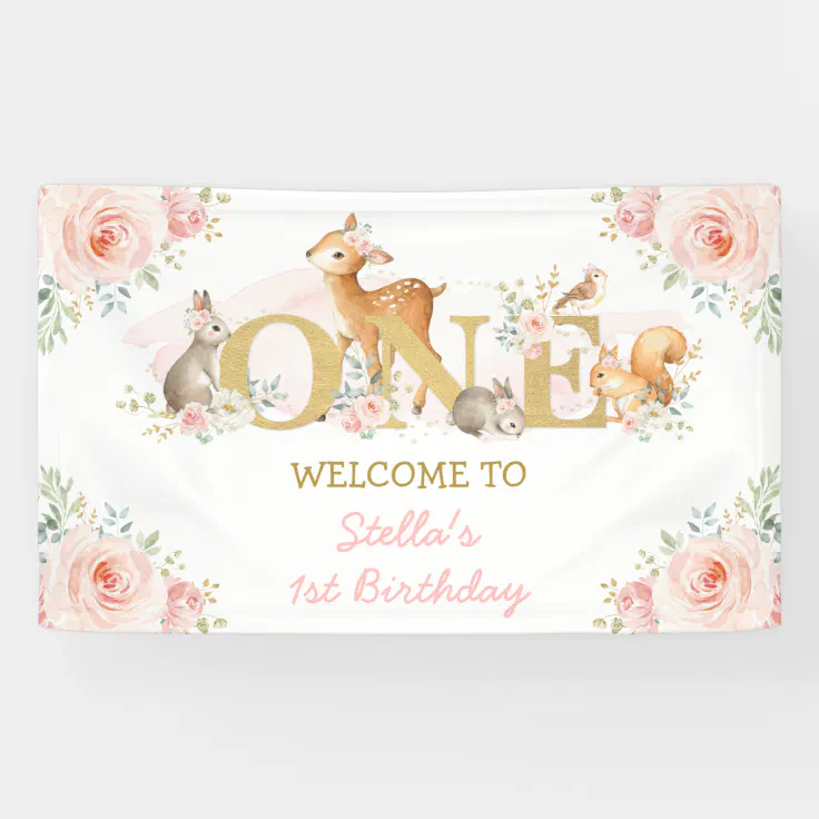 Blush Floral Woodland Animals 1st Birthday Welcome Banner | Zazzle