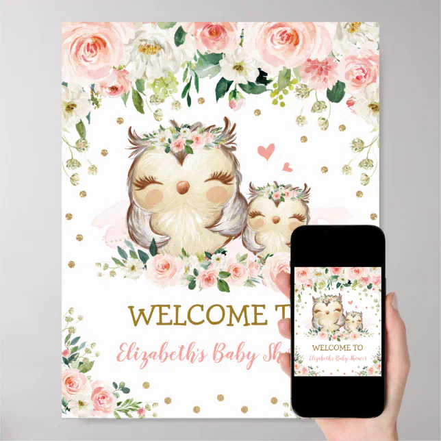 Blush Floral Woodland Owl Baby Shower Birthday Poster | Zazzle