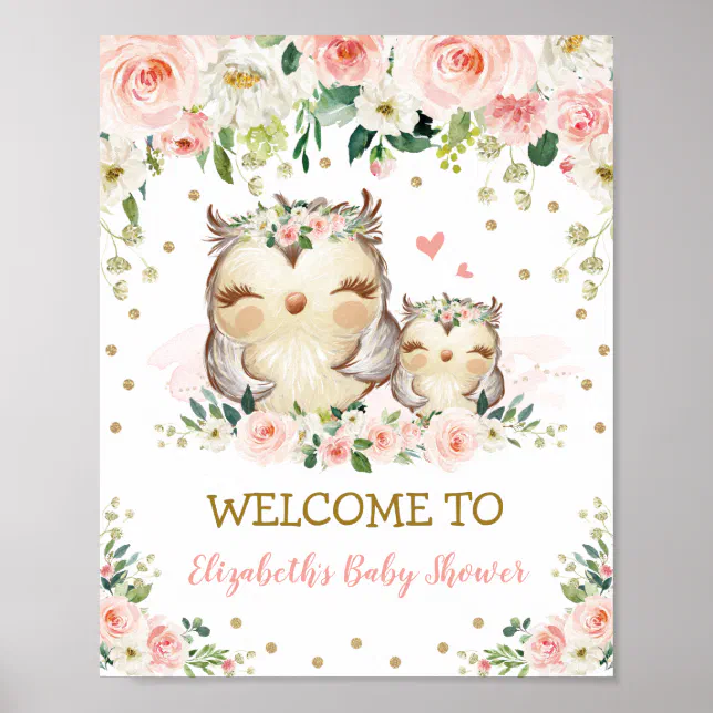 Blush Floral Woodland Owl Baby Shower Birthday Poster | Zazzle
