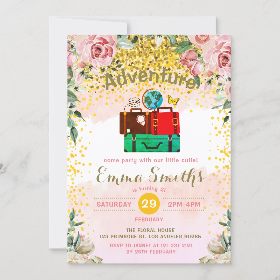 Blush Florals Adventure Begins Birthday Luggage Invitation | Zazzle