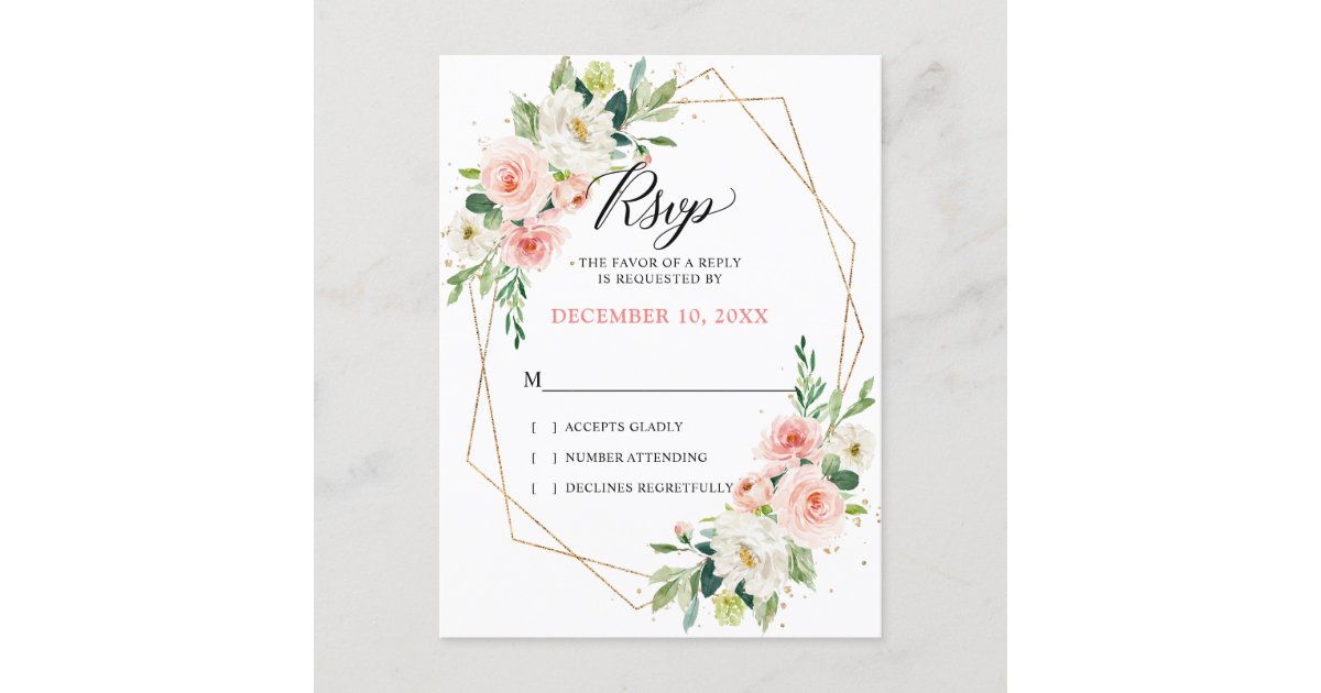 Blush Florals Gold Modern Geometric Frame RSVP Postcard | Zazzle