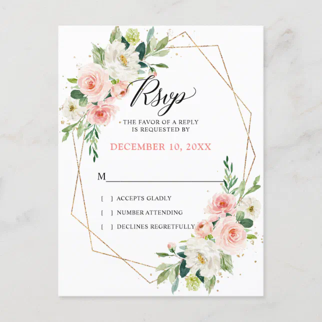 Blush Florals Gold Modern Geometric Frame RSVP Postcard | Zazzle