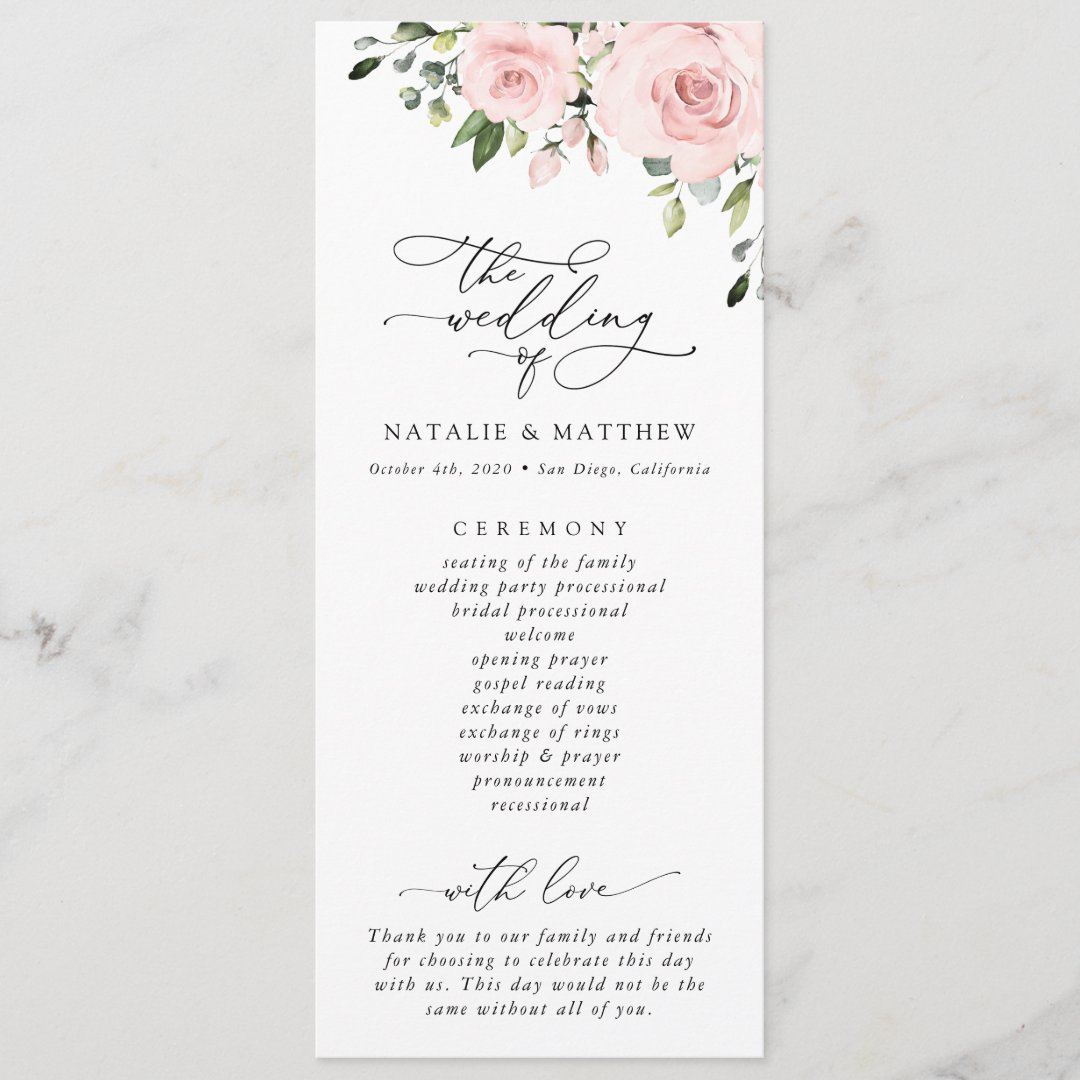 Blush Flowers, Pink Flowers, Greenery, Wedding Program | Zazzle