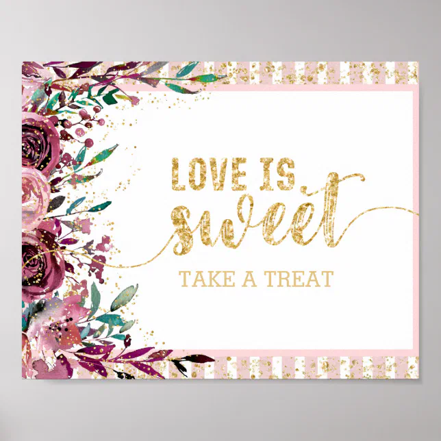 Blush Flowers Stripes Gold Confetti Love is Sweet Poster | Zazzle