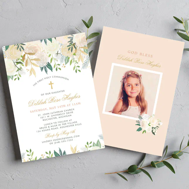 Blush Gold and Green Floral Girl First Communion Invitation | Zazzle