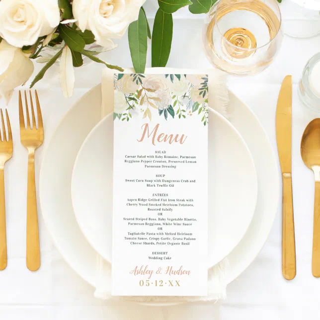 Blush Gold and Green Floral Wedding Menu | Zazzle