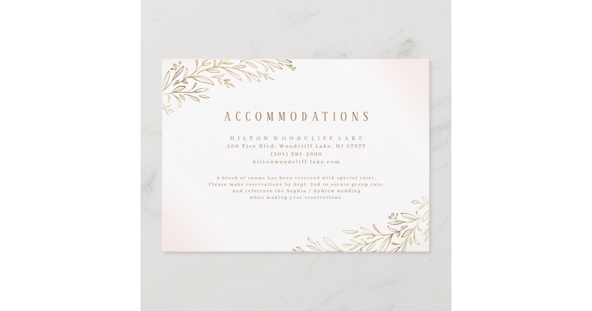Blush gold botanical foliage accommodations enclosure card | Zazzle
