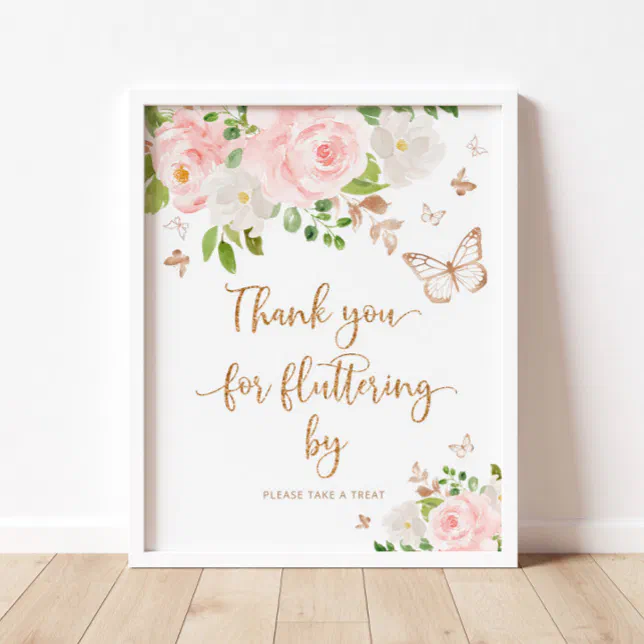 Blush gold butterfly Thank you for fluttering by Poster | Zazzle
