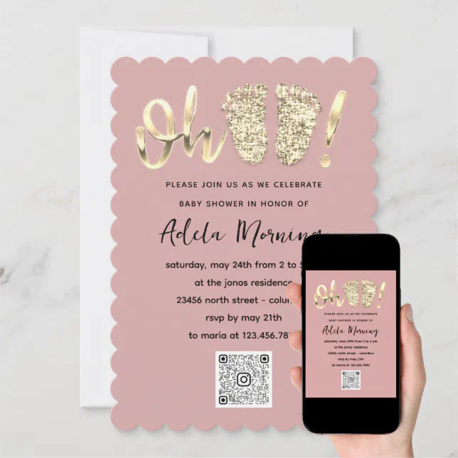 Blush Gold Confetti Feet Baby Girl QR CODE Invitation | Zazzle