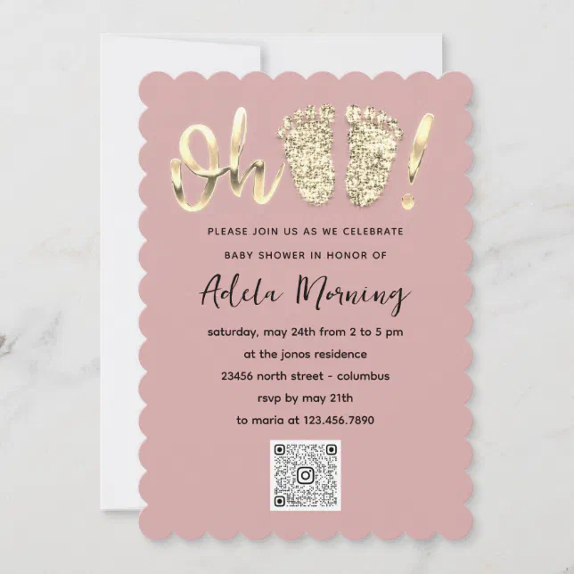 Blush Gold Confetti Feet Baby Girl QR CODE Invitation | Zazzle