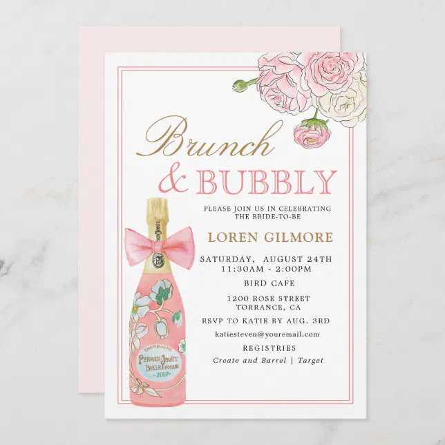 Blush Gold Floral Champagne Brunch and Bubbly Invitation | Zazzle