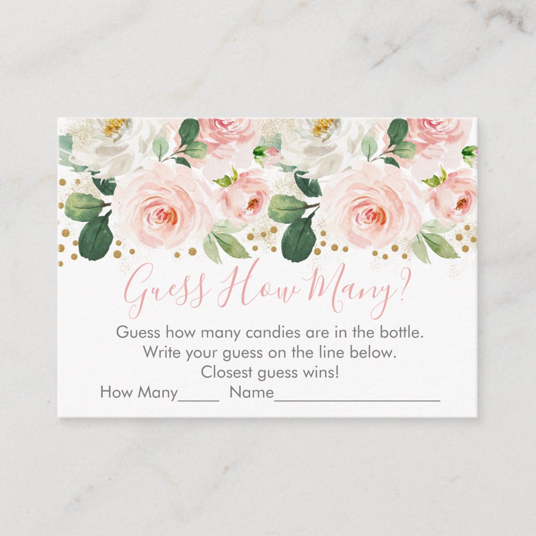 Blush & Gold Floral Guess How Many Shower Game Enclosure Card | Zazzle