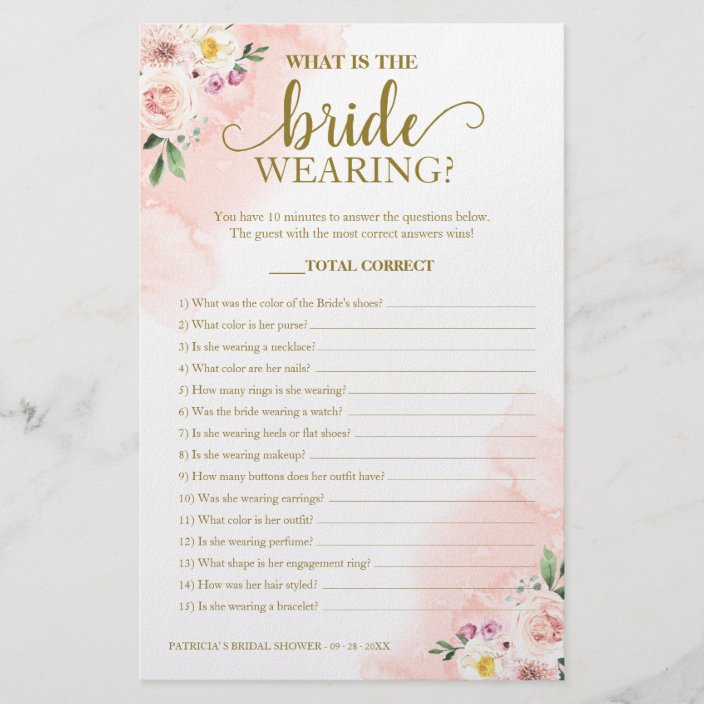 Blush Gold Floral What Is The Bride Wearing Game Flyer | Zazzle.com
