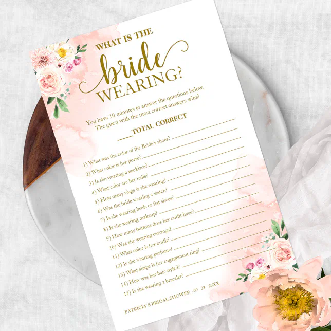 Blush Gold Floral What Is The Bride Wearing Game Flyer | Zazzle