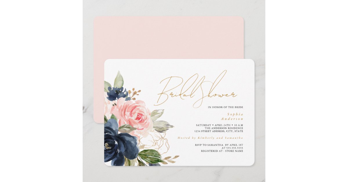 Blush Gold Navy Floral Bridal Shower Invitation | Zazzle