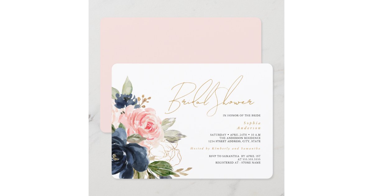 Blush Gold Navy Floral Bridal Shower Invitation | Zazzle