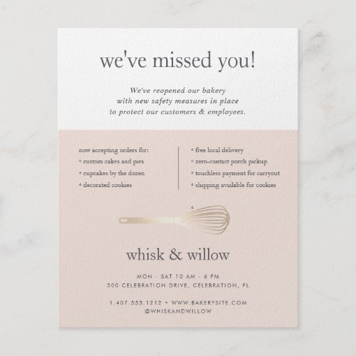 Blush & Gold Whisk Bakery Business Reopening Flyer | Zazzle