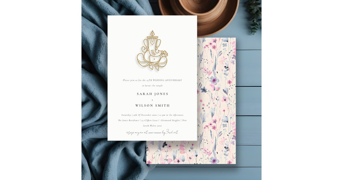 Blush Gold Wildflower Ganesh Indian Anniversary Invitation | Zazzle