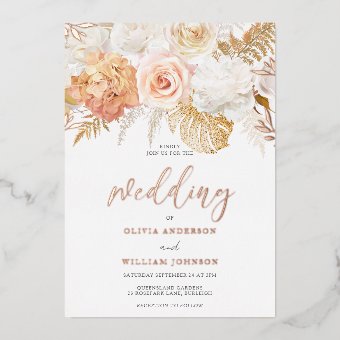 Blush & Golden Floral Wedding Rose Gold Foil Invitation | Zazzle