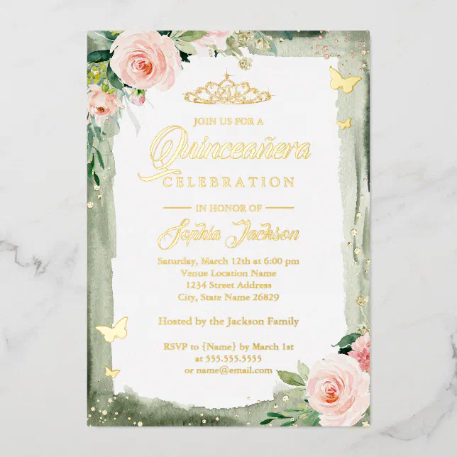 Blush Green Quinceanera Floral Sparkle Tiara Foil Invitation | Zazzle