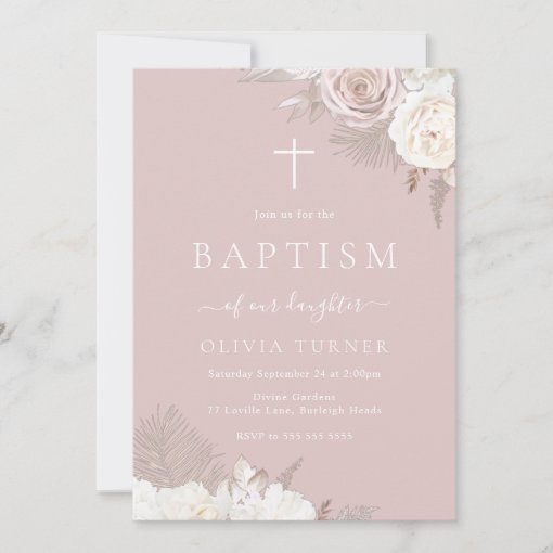 Blush & Ivory Floral Dusty Pink Baptism Invitation | Zazzle