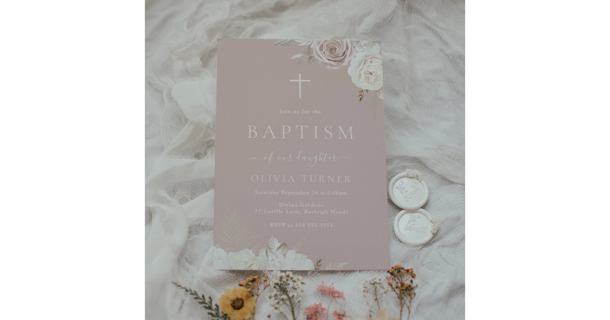 Blush & Ivory Floral Dusty Pink Baptism Invitation | Zazzle