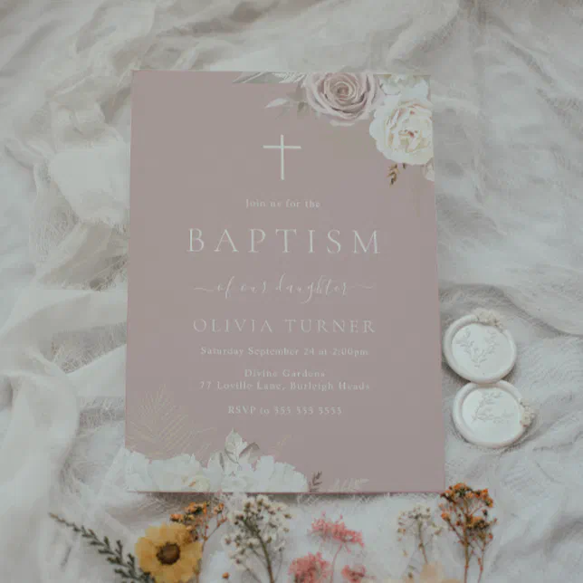 Blush & Ivory Floral Dusty Pink Baptism Invitation | Zazzle