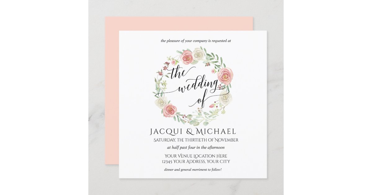 Blush Ivory Roses w Leaf Square Wedding Invitation | Zazzle