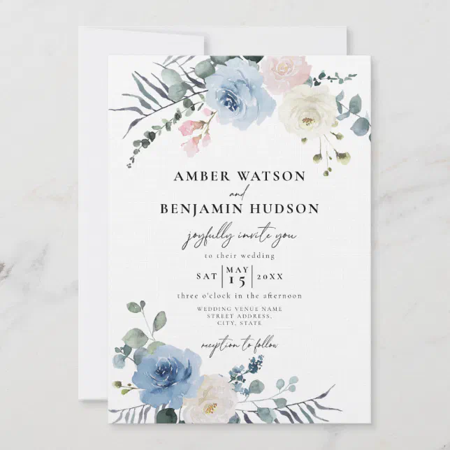 Blush Light Blue Beach Tropical Floral Wedding Invitation | Zazzle