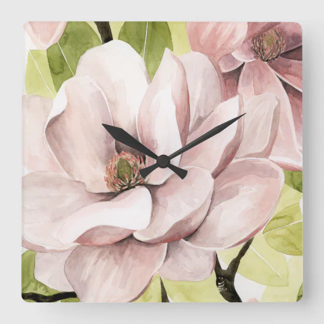 Blush Magnolia Flowers Square Wall Clock | Zazzle