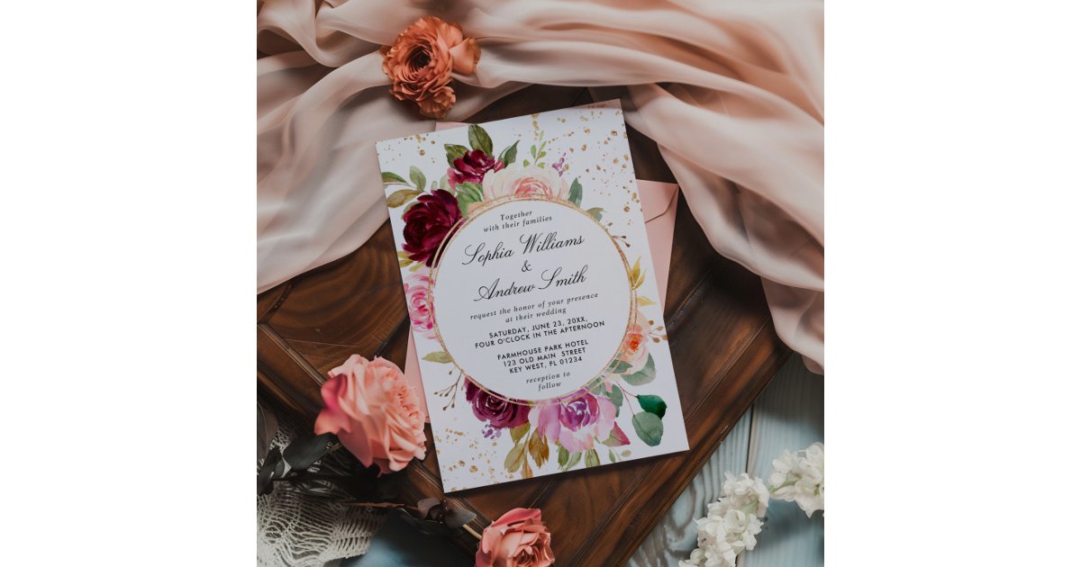 Blush Marsala Roses & Gold Dots Wedding Invitation | Zazzle