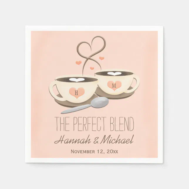 Blush Monogrammed Heart Coffee Cups Wedding Paper Napkins | Zazzle