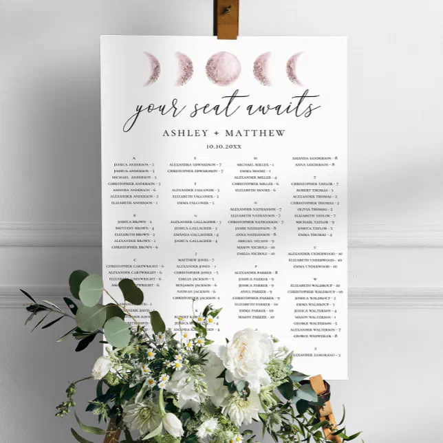 Blush Moon Alphabetical Wedding Seating Chart | Zazzle