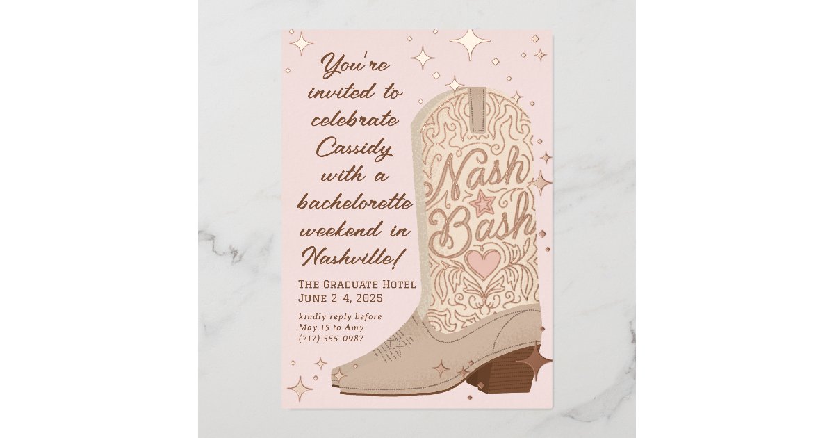 Blush Nash Bash Cowgirl Boot Bachelorette Party Foil Invitation | Zazzle