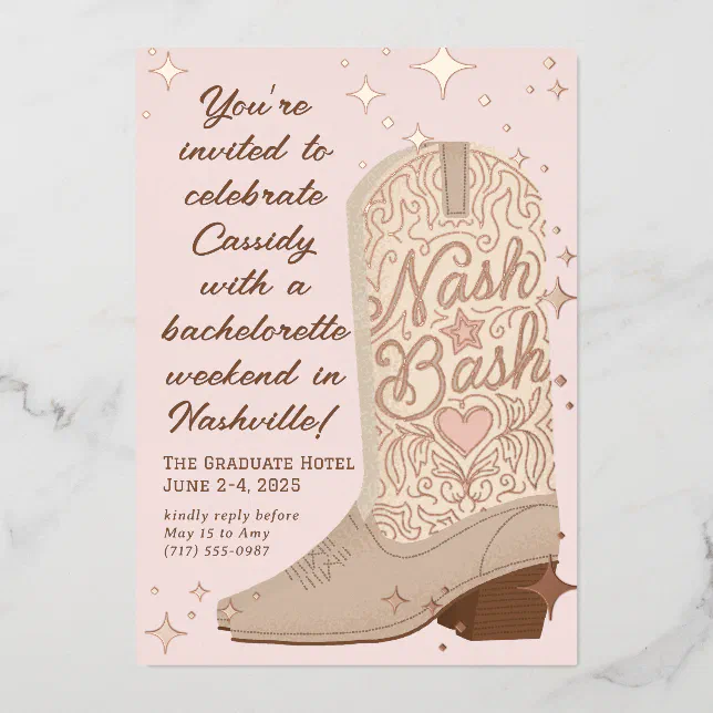 Blush Nash Bash Cowgirl Boot Bachelorette Party Foil Invitation | Zazzle