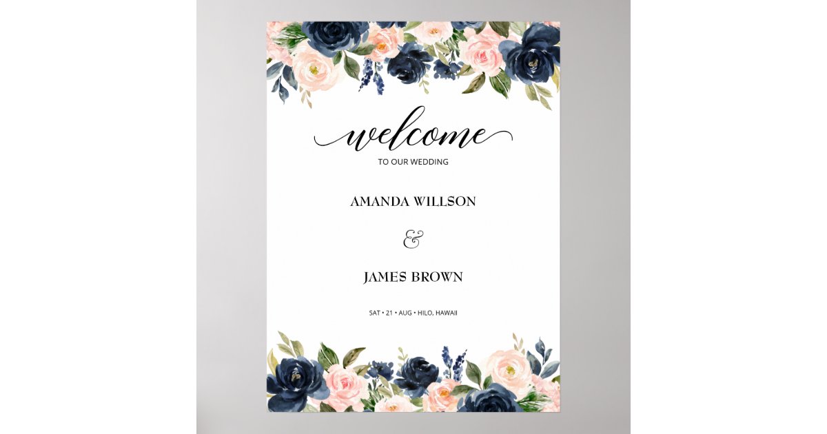 Blush Navy Blossom Wedding Welcome Poster | Zazzle