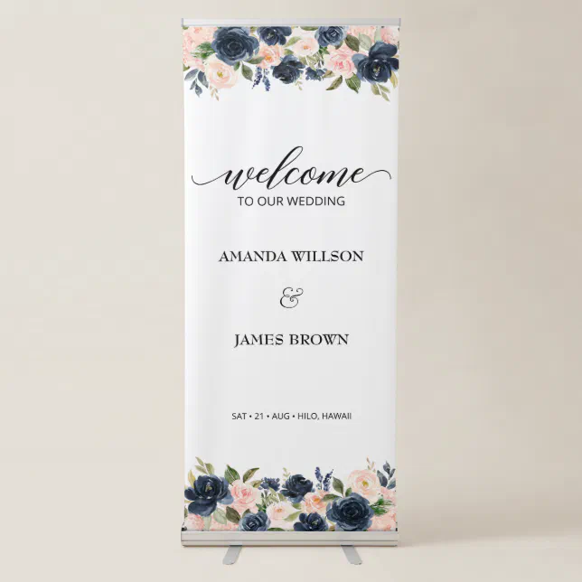 Blush Navy Blossom Wedding Welcome Retractable Banner | Zazzle