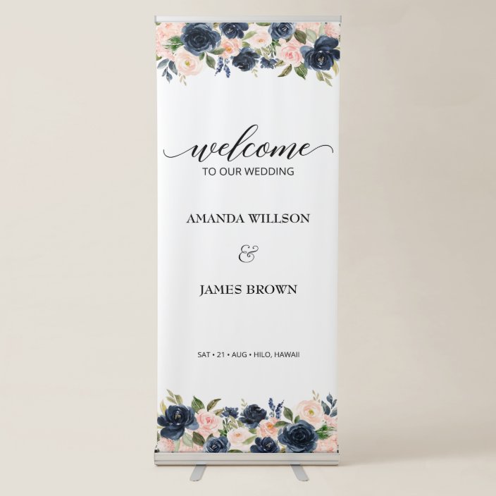 Blush Navy Blossom Wedding Welcome Retractable Banner | Zazzle.com