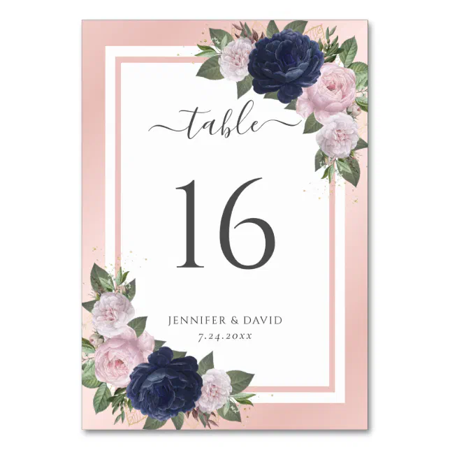 Blush Navy Blue Floral Wedding Table Number | Zazzle
