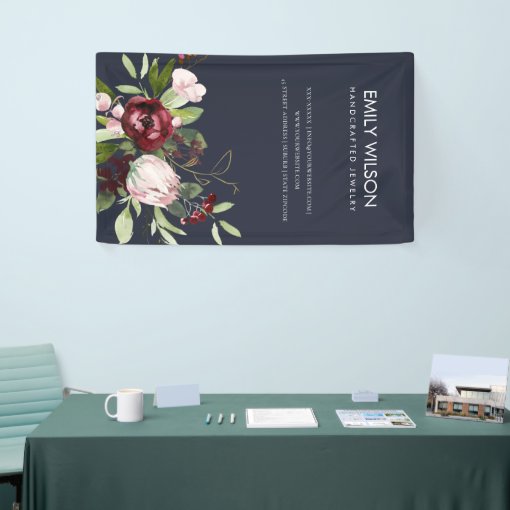BLUSH NAVY BURGUNDY PROTEA FLORAL BUSINESS BANNER | Zazzle