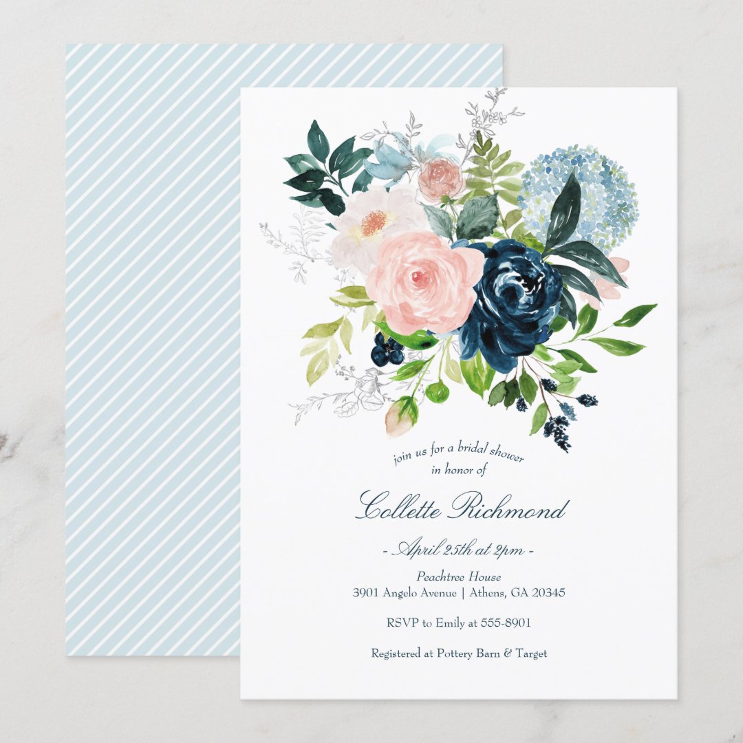 Blush Navy Floral Bridal Shower Invitation | Zazzle
