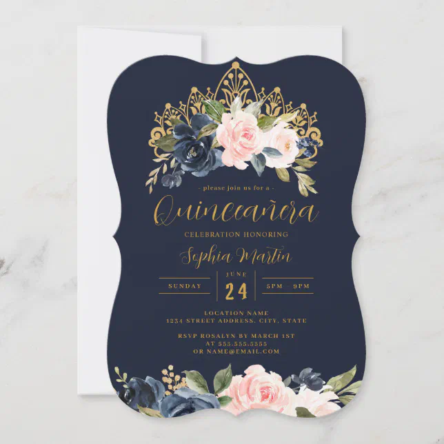 Blush Navy Floral Tiara Quinceanera Invitation | Zazzle