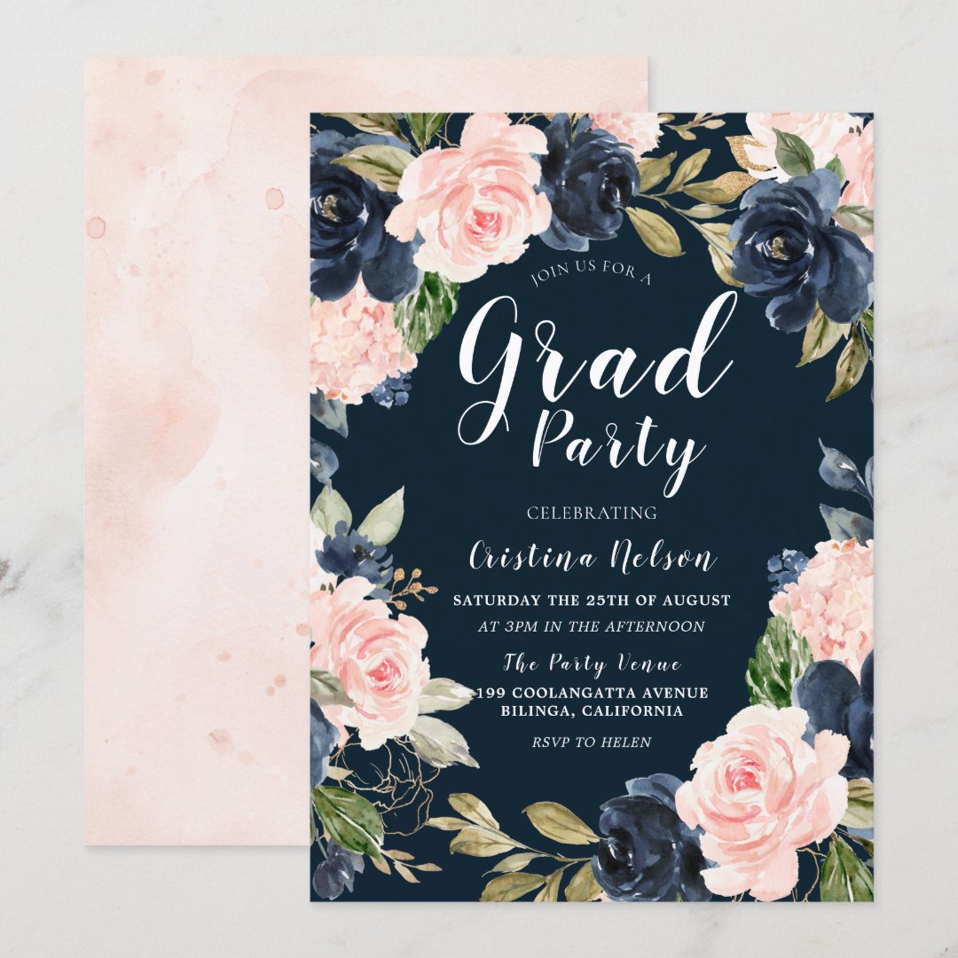 Blush Navy Floral Wreath Grad Party Graduation Invitation | Zazzle