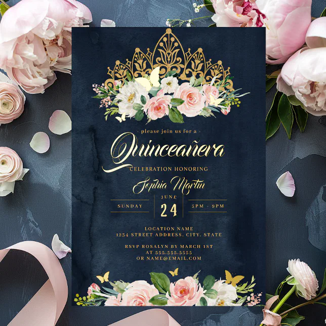 Blush Navy Gold Floral Butterfly Tiara Quinceanera Foil Invitation | Zazzle