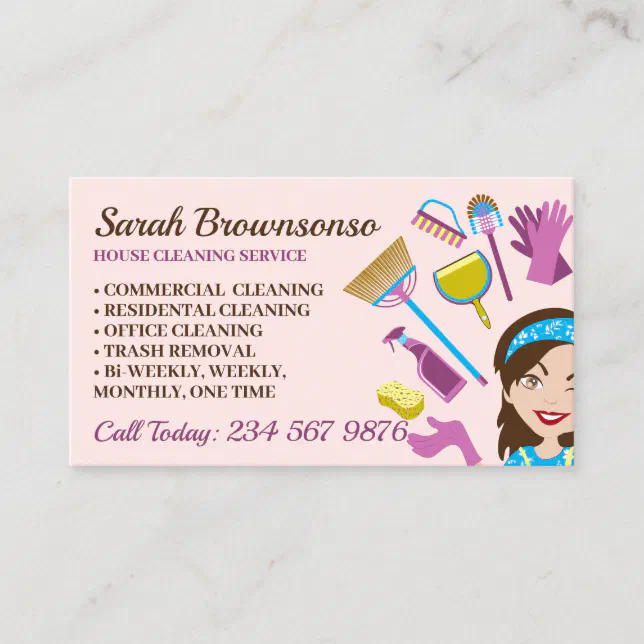 Blush Orange Janitorial Lady House Cleaning Business Card | Zazzle